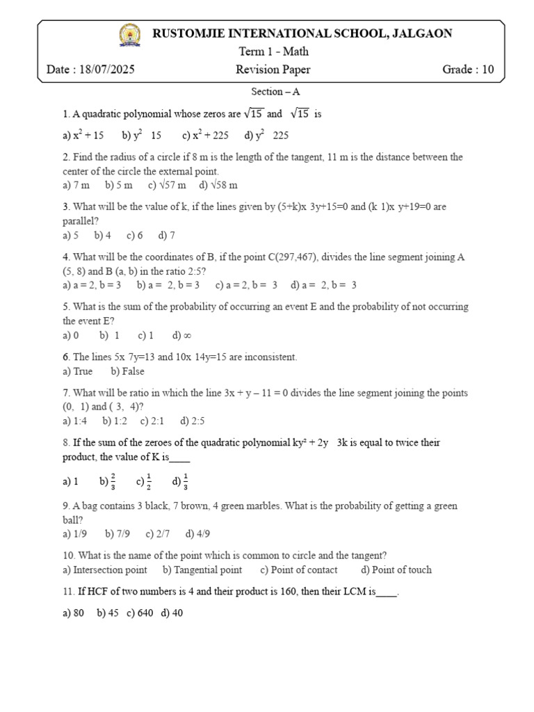 Math Revision Paper for Grade 10 | PDF | Circle | Geometric Shapes