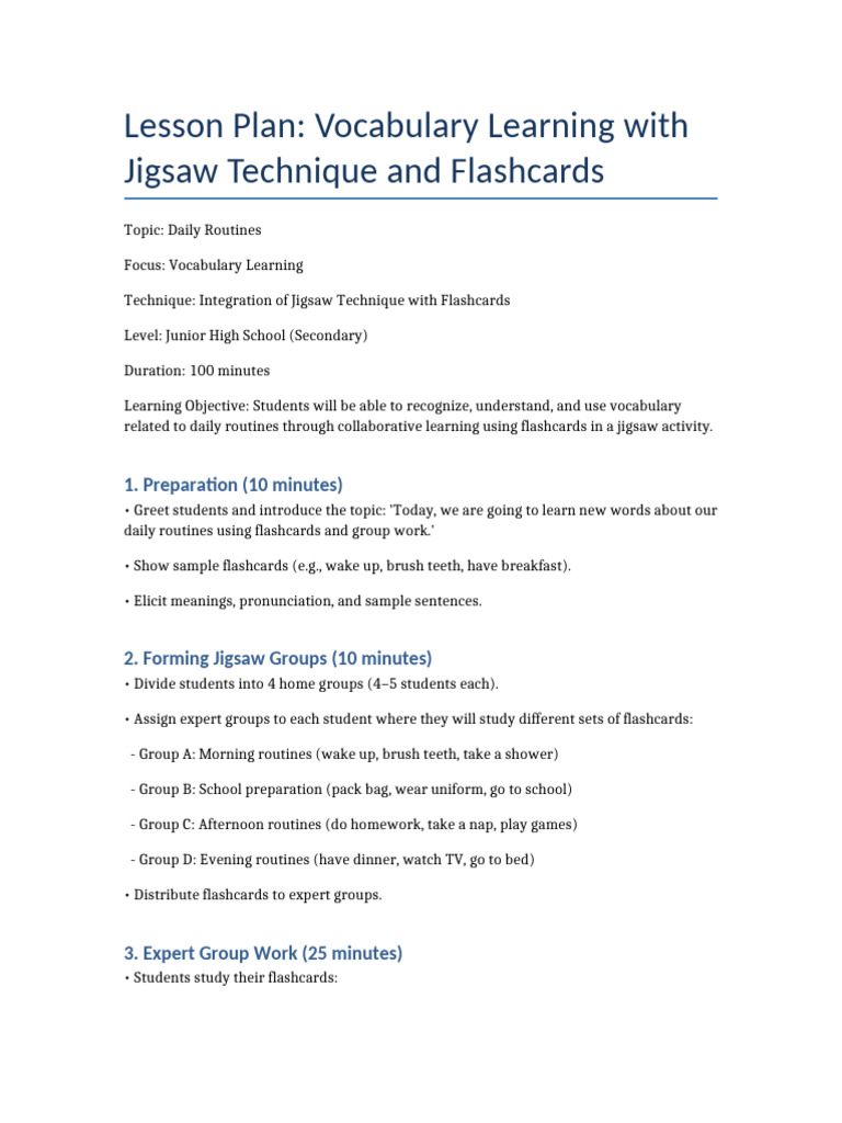 Jigsaw Vocabulary Lesson Plan: Daily Routines | PDF | Vocabulary ...