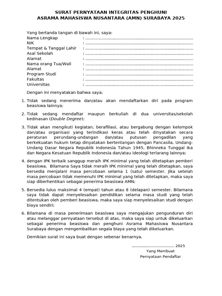 Surat Pernyataan Integritas Penghuni 2025 | PDF