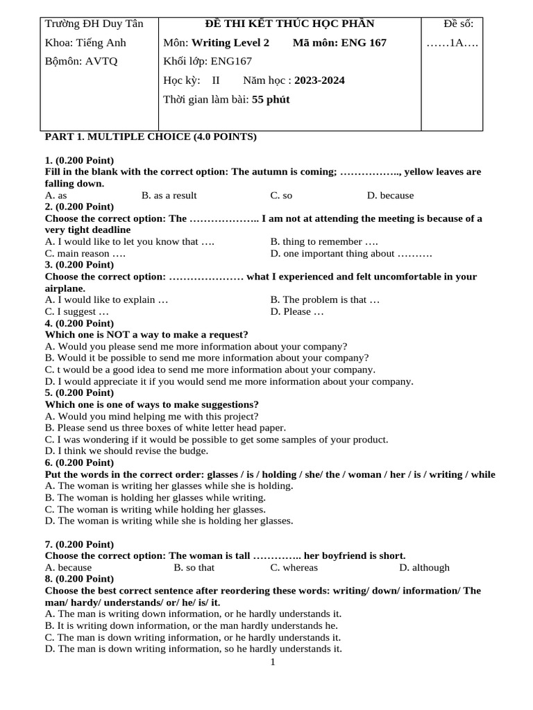 Writing Level 2 - Ôn Đề Mẫu | PDF