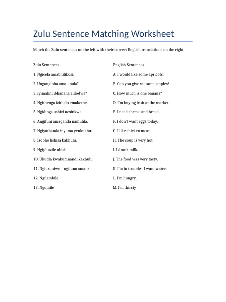Zulu Sentence Translation Worksheet | PDF