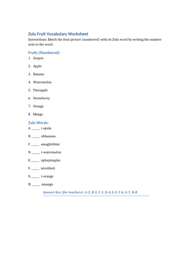 Zulu Fruit Vocabulary Worksheet | PDF