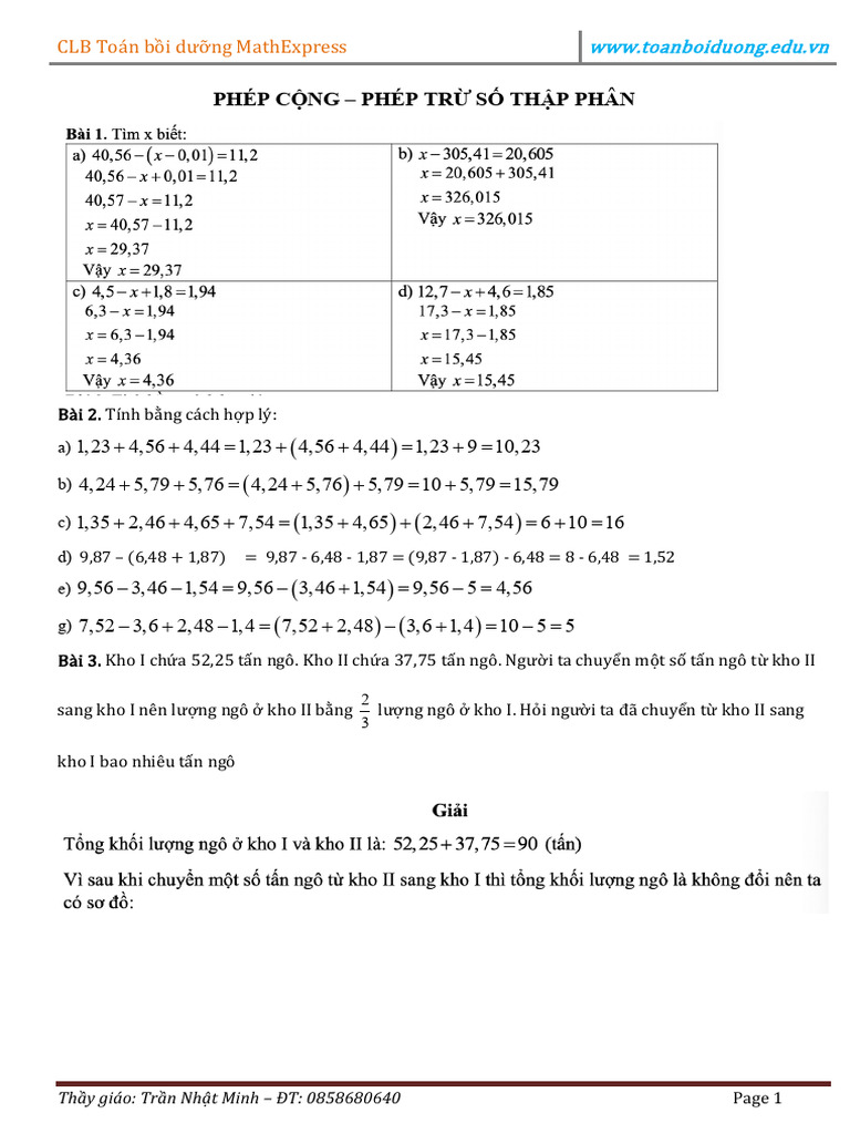 (5A - MĐ) - HD BTVN Ngày 15.08. Cong, Tru So Thap Phan | PDF