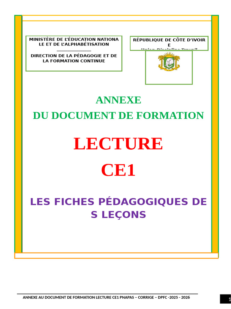 Annexe Au Document de Formation Lecture Ce1 Pnapas DPFC 2025 - 2026 ...