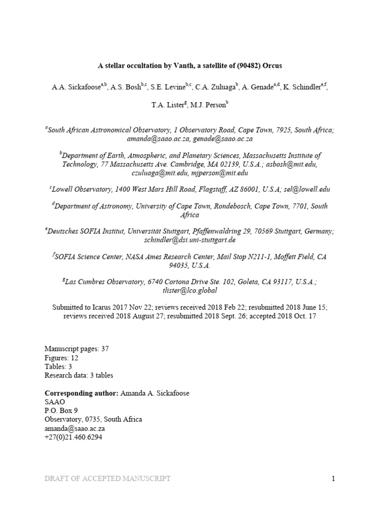 A Stellar Occultation by Vanth, A Satellite of (90482) Orcus | PDF ...