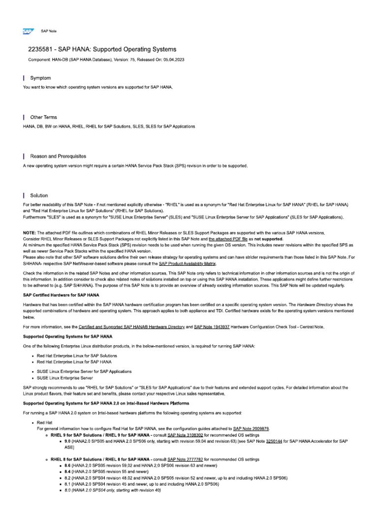 SAP HANA - Supported Operating Systems | PDF