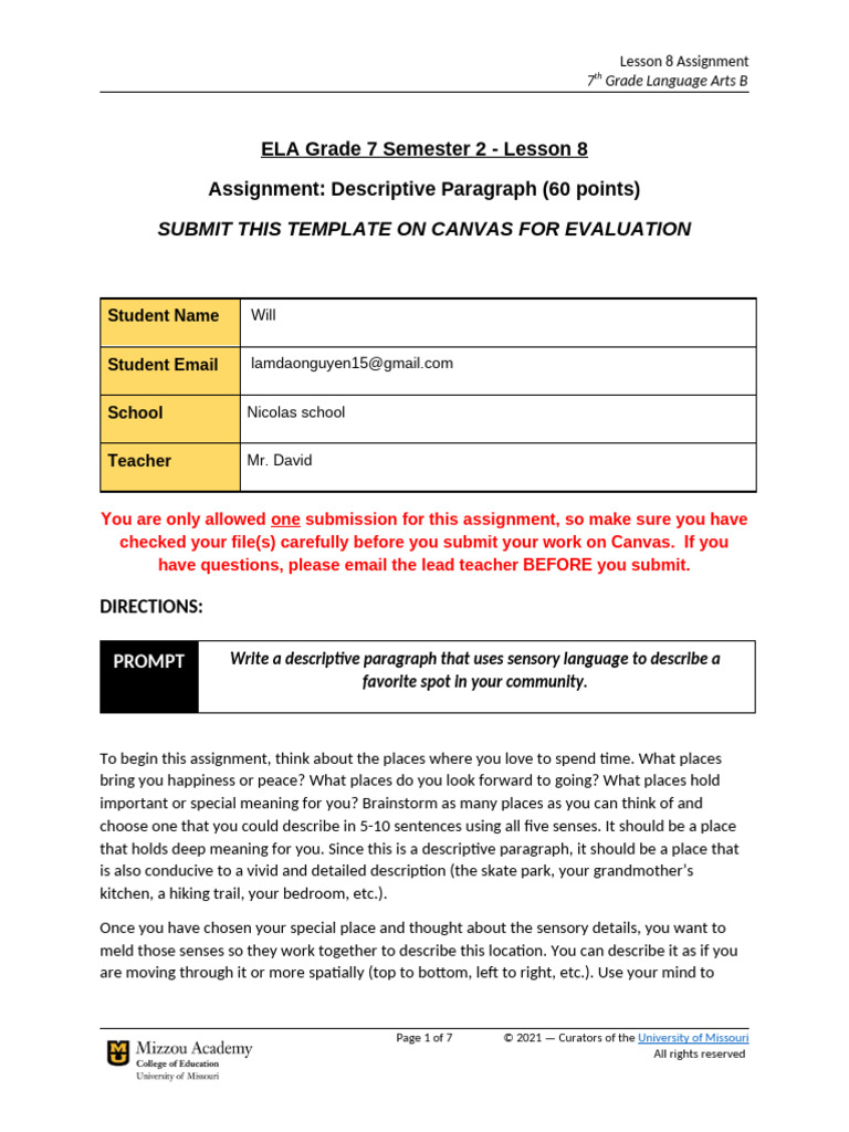 ELA 7B 2021 Lesson8 Assignment Descriptive Paragraph TEMPLATE-1 | PDF