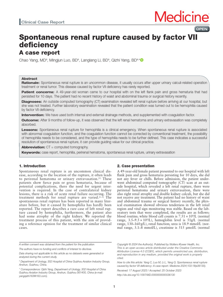 Spontaneous Renal Rupture Caused by Factor Vii.38 | PDF | Kidney | Stent