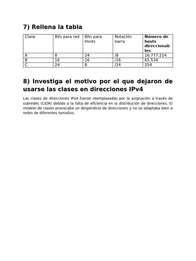 7) Rellena La Tabla: Clase Bits para Red Bits para Hosts Notación Barra ...