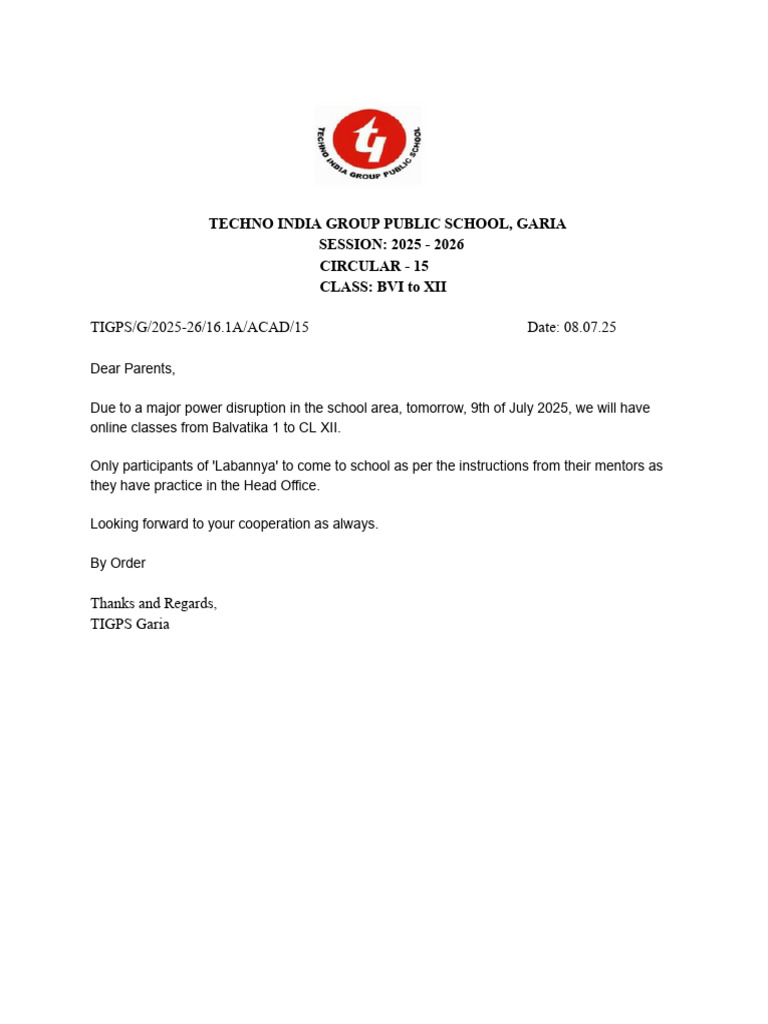 CIRCULAR 15 (Online Classes On 09.07. 25) | PDF
