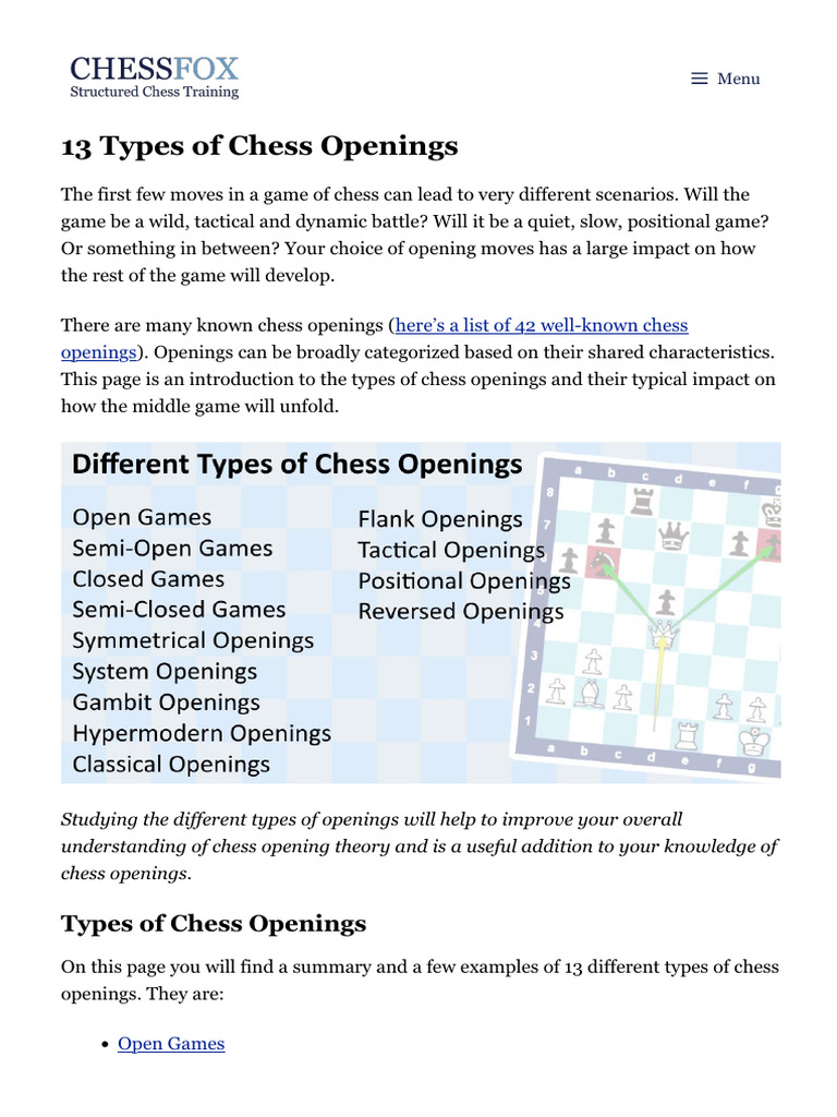 13 Types of Chess Openings | PDF | Chess Openings | Chess