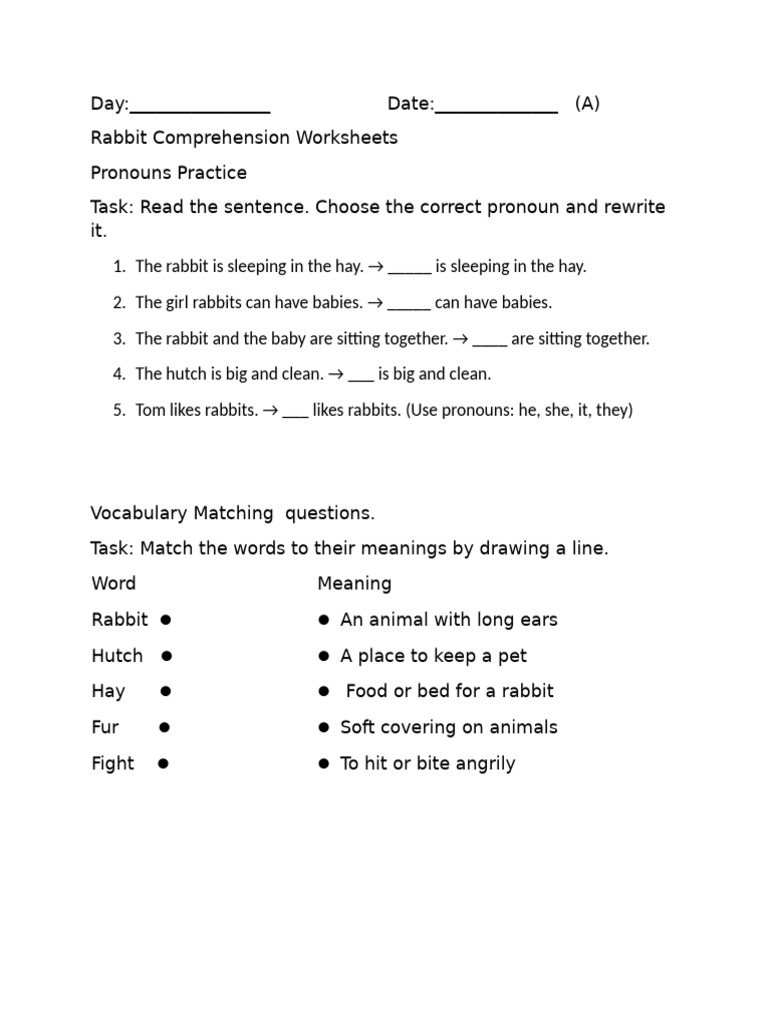 Rabbit Comprehension and Pronouns Worksheet | PDF