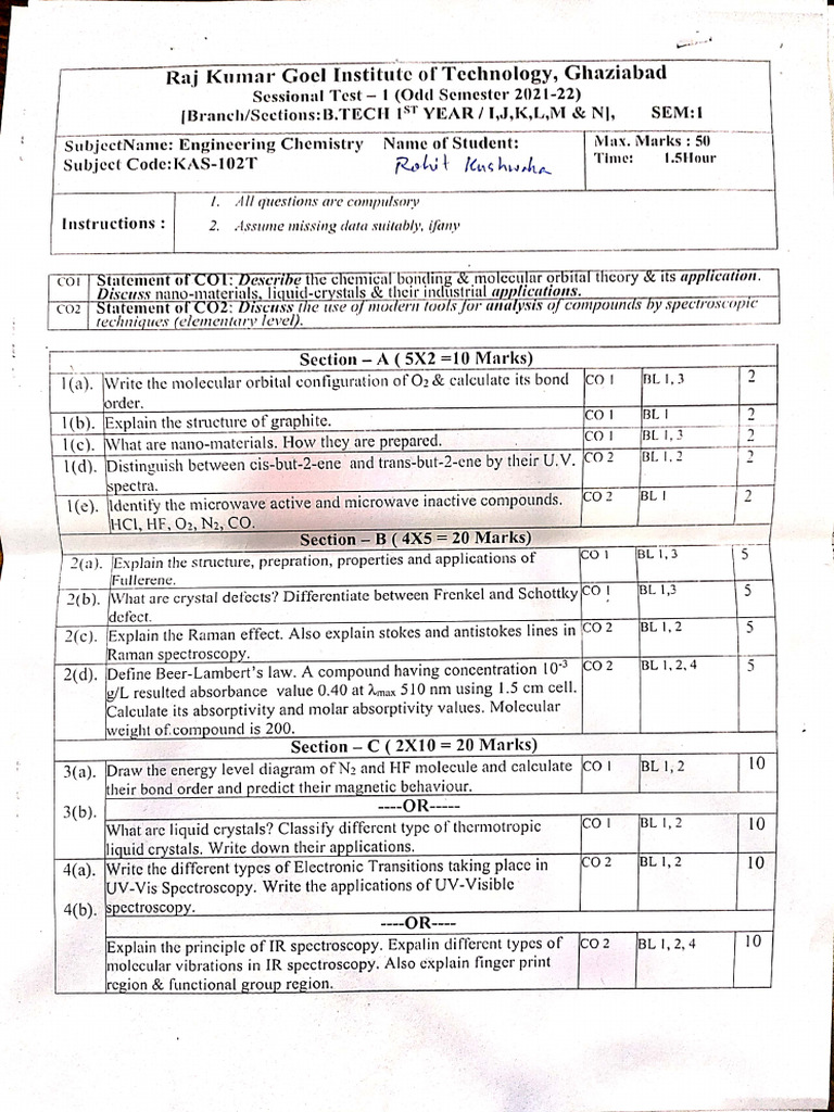 Engineering Chemistry 1ST SEM ST-1 QP | PDF