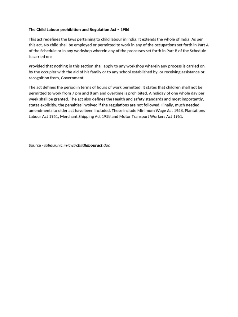 Child Labour Prohibition Act 1986 | PDF