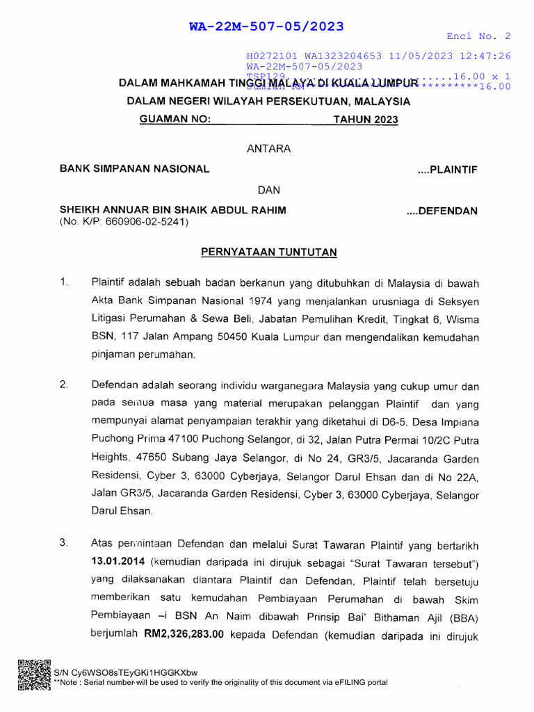 Statement of Claim - Sheikh Annuar Bin Shaik Abdul Rahim - NRIC ...