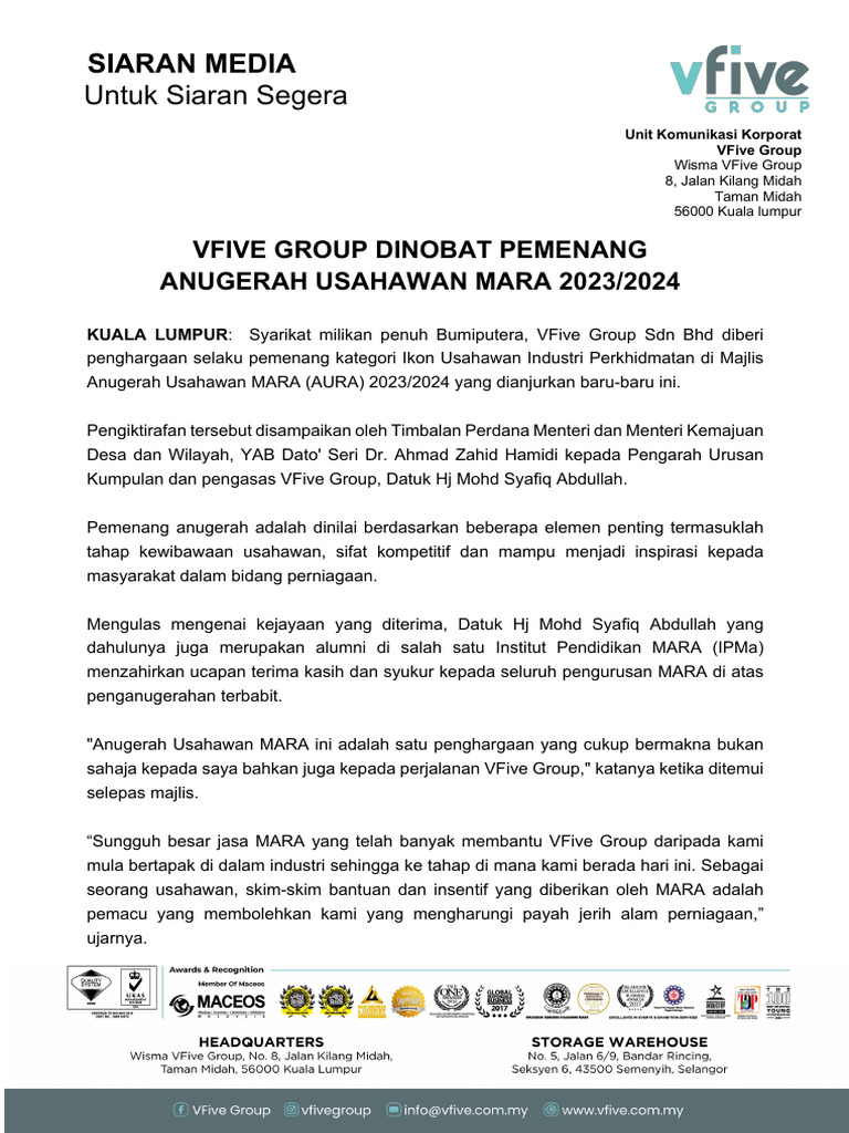 Siaran Media - VFive Group Pemenang Anugerah Usahawan MARA | PDF
