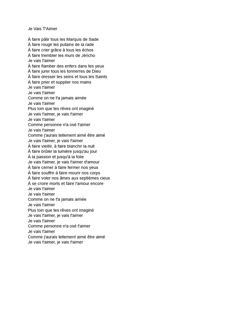 Je vais t'aimer : Paroles et Passion | PDF
