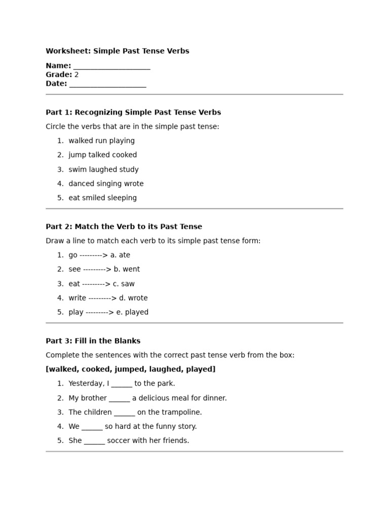 Grade 2 Simple Past Tense Worksheet | PDF | Grammatical Tense | Verb