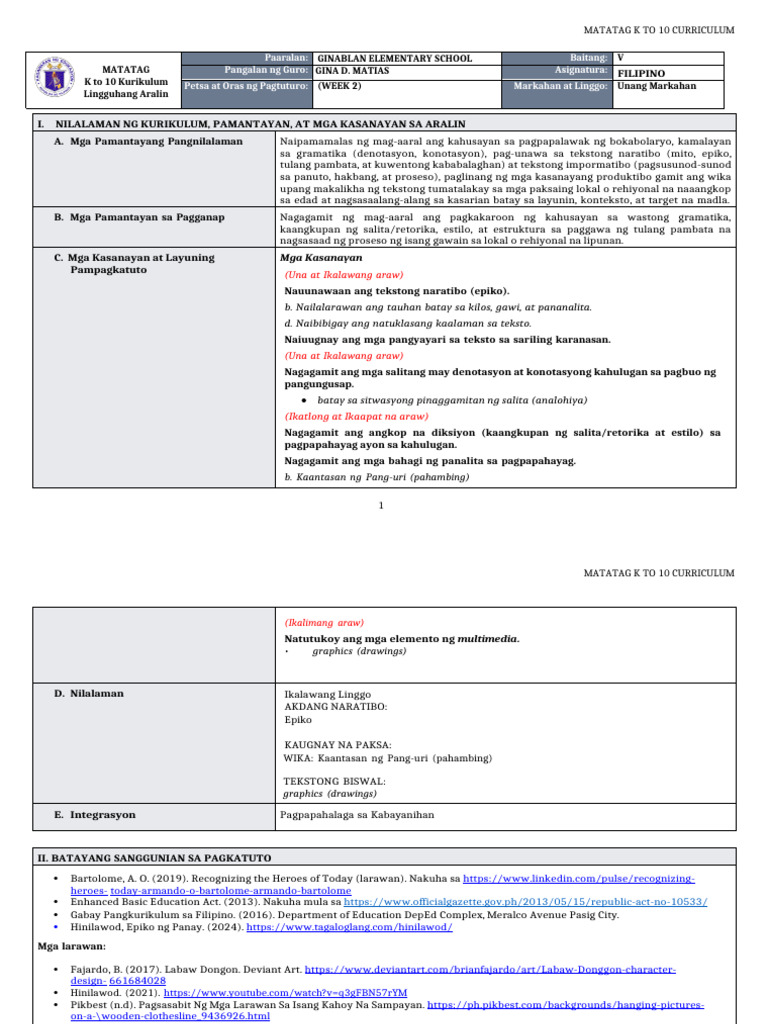 DLL Matatag - Filipino 5 q1 w2 | PDF