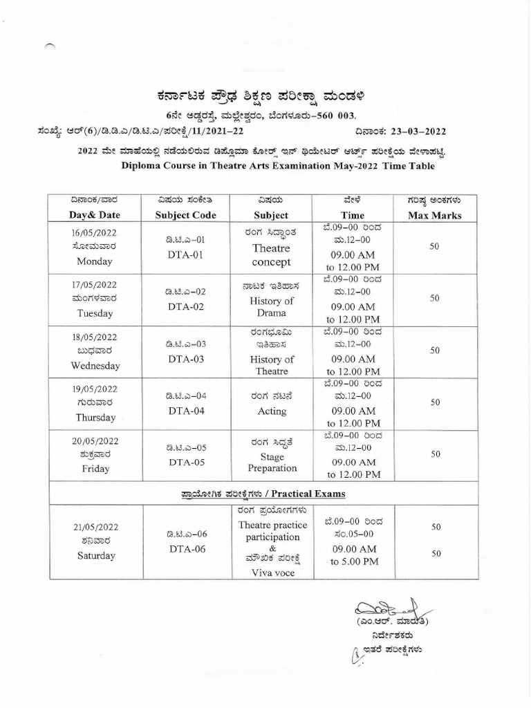 DTA Exam May 2022 Timetable | PDF