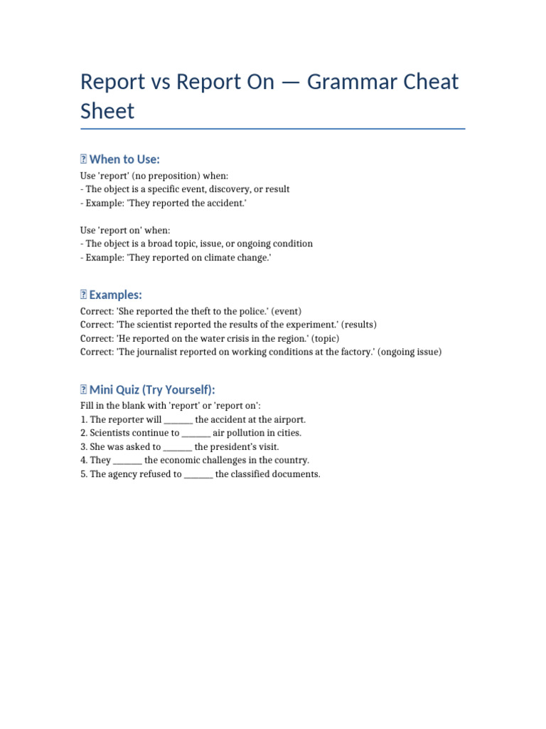 Report Vs Report On CheatSheet | PDF