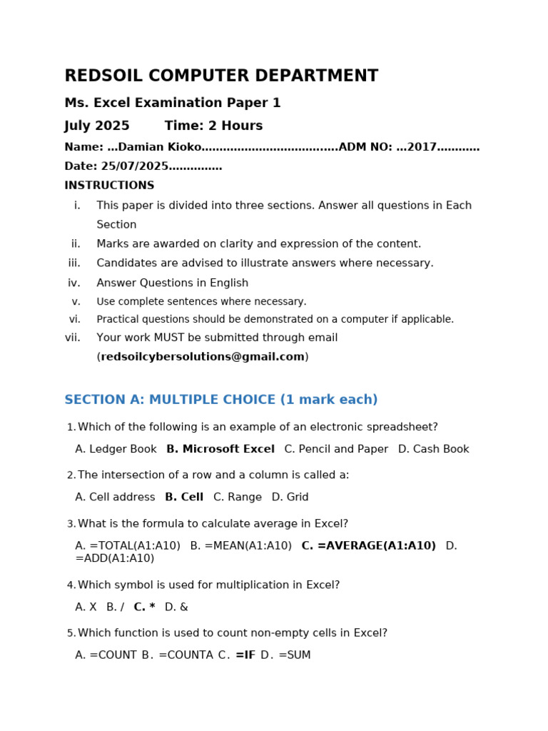 Excel Examination Paper July 2025 | PDF | Spreadsheet | Microsoft Excel