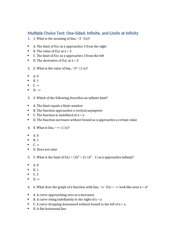 Infinite One-Sided Limits MCQs | PDF
