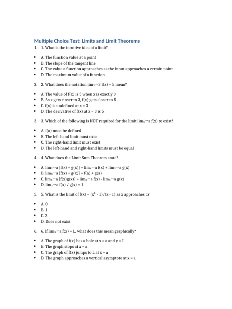 Limits and Limit Theorems Test | PDF