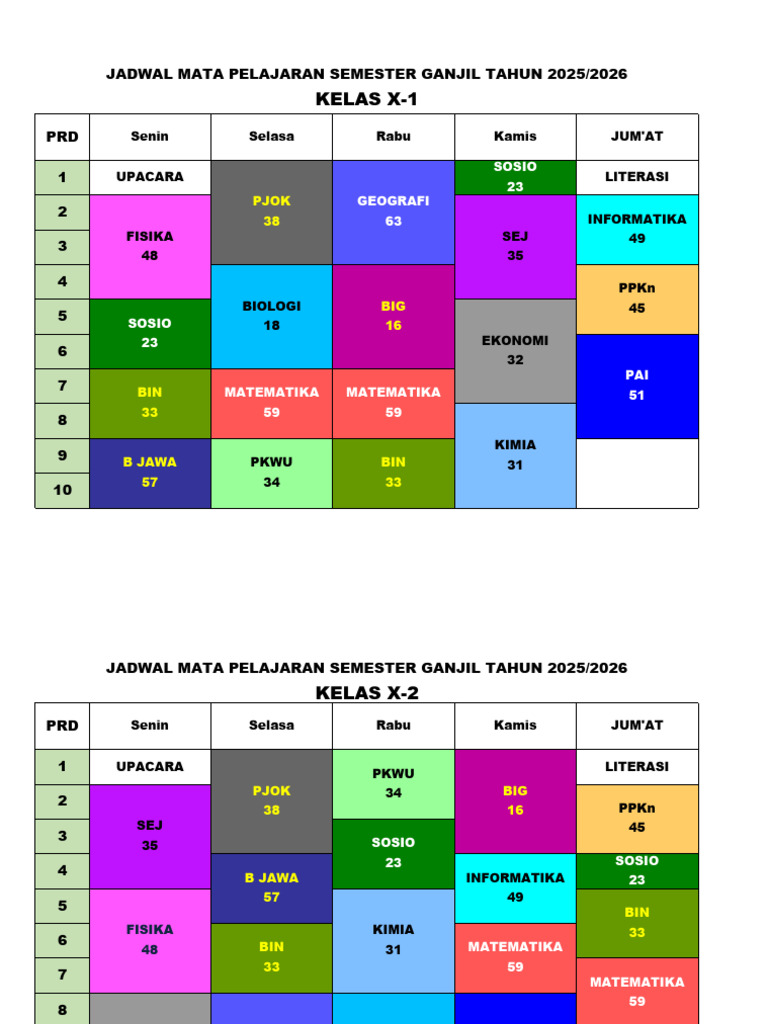 Jadwal Per Kelas 2025-2026 | PDF