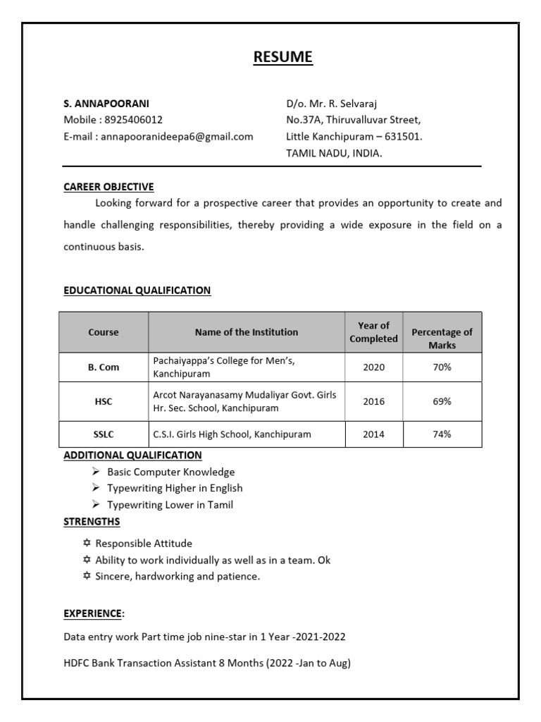 Resume of S. Annapoorani | PDF