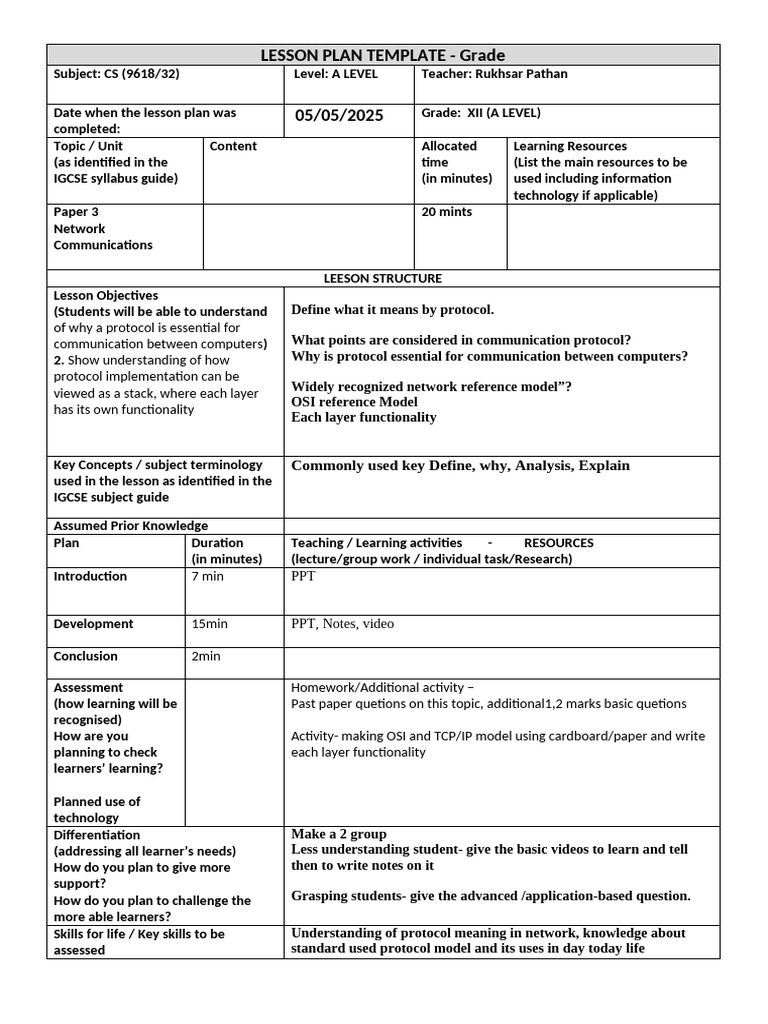Cambridge Lesson PLan Template | PDF | Osi Model | Computer Network