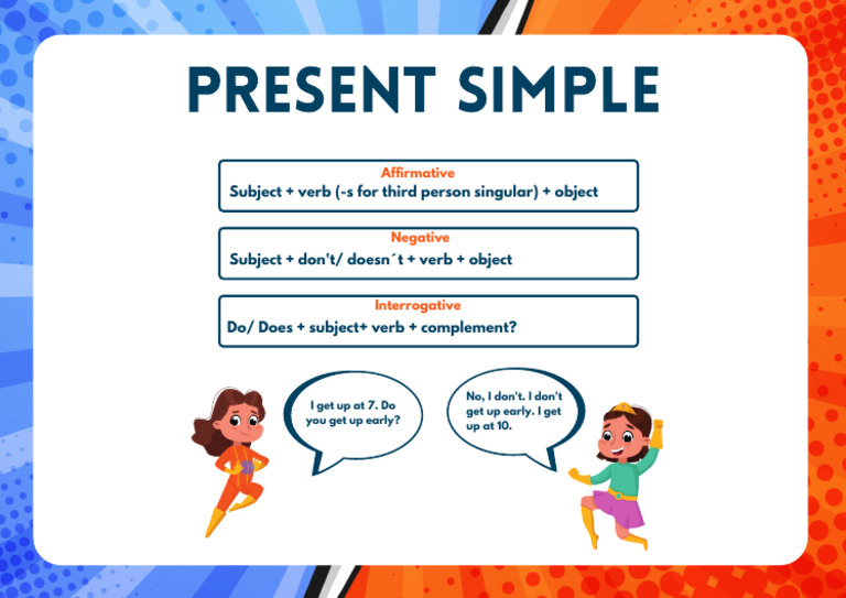 Present Simple Classroom Poster in Red and Blue Comic Illustrative ...