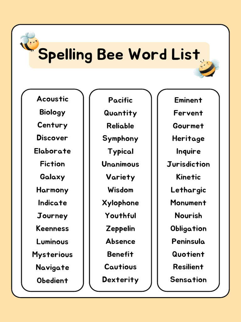 Spelling Bee Word List Worksheet in Yellow and White Simple Style | PDF
