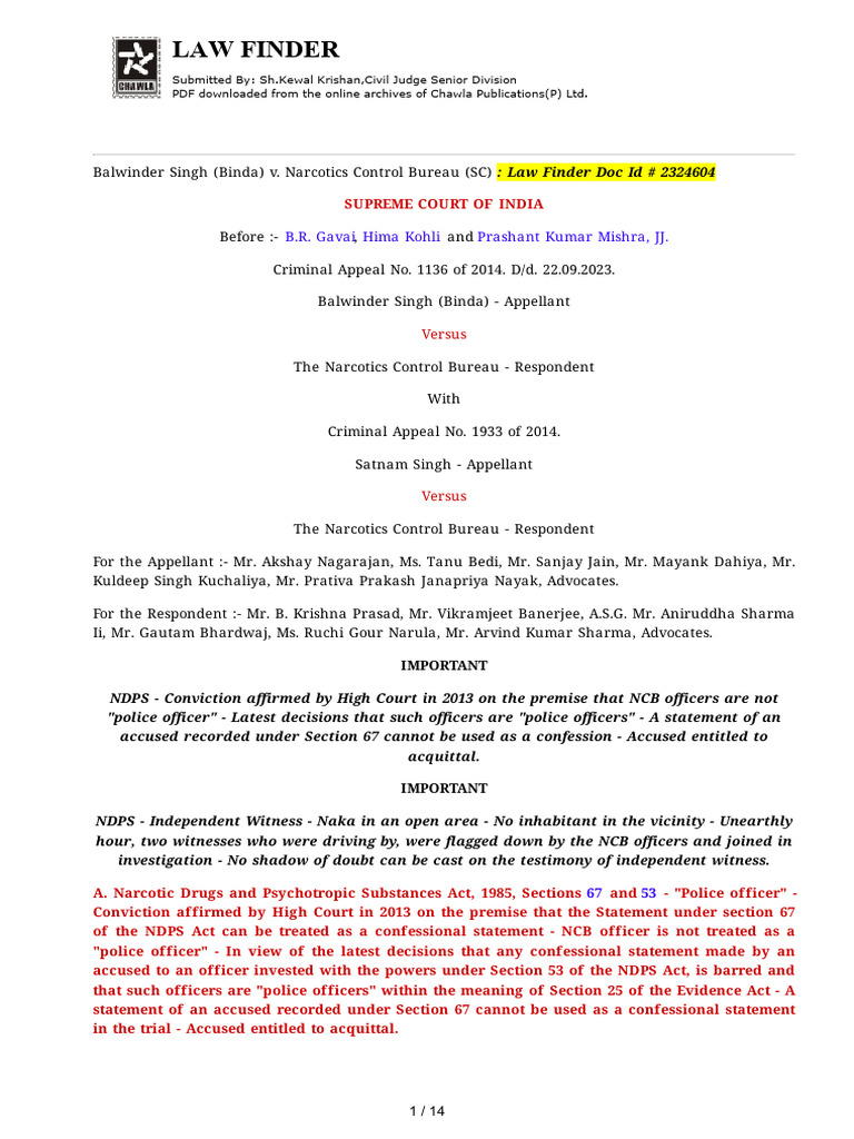 NCB Police Officers SC 2023 | PDF | Burden Of Proof (Law) | Acquittal