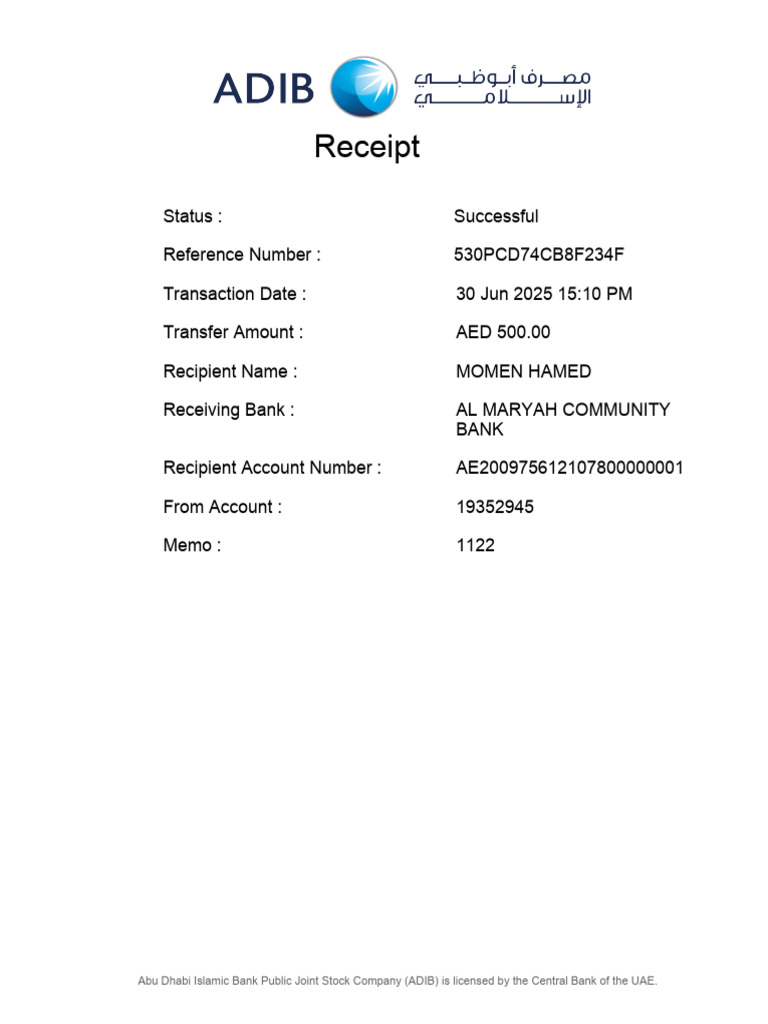 Successful AED 500 Transfer Receipt | PDF