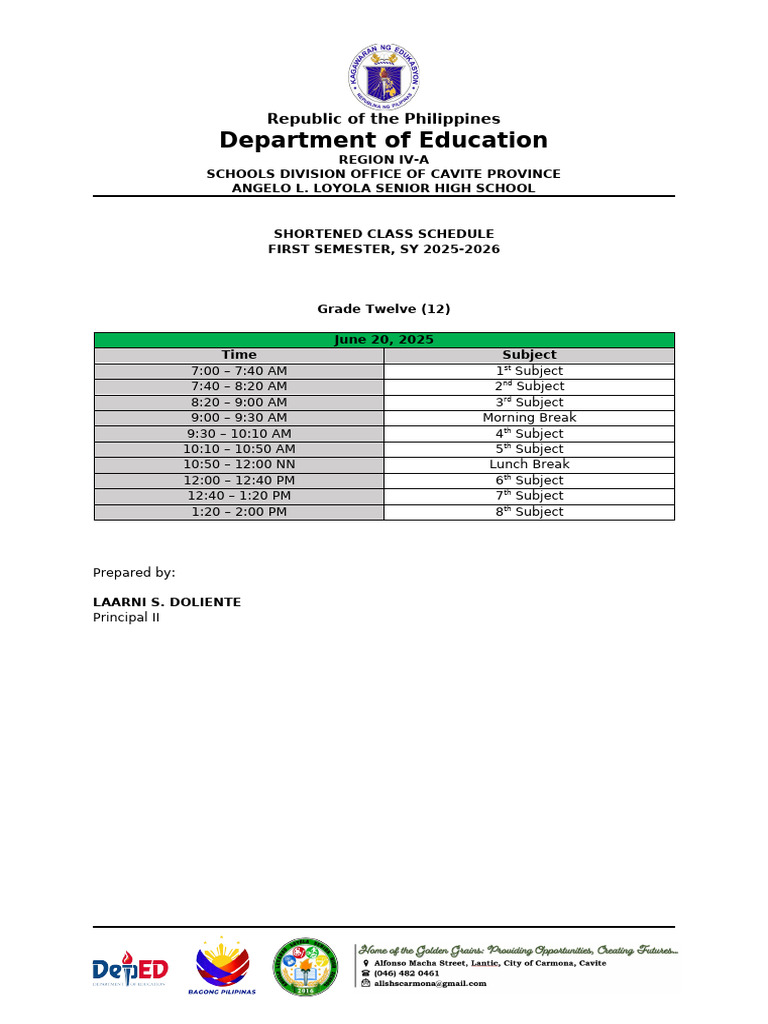 G12 Shortened Schedule June 20 2025 | PDF