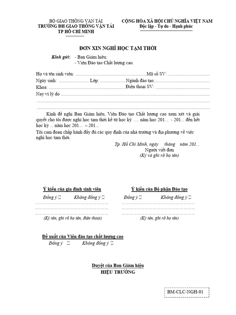 Mau Don Nghi Hoc Thoi Hoc Nhap Hoc Lai | PDF