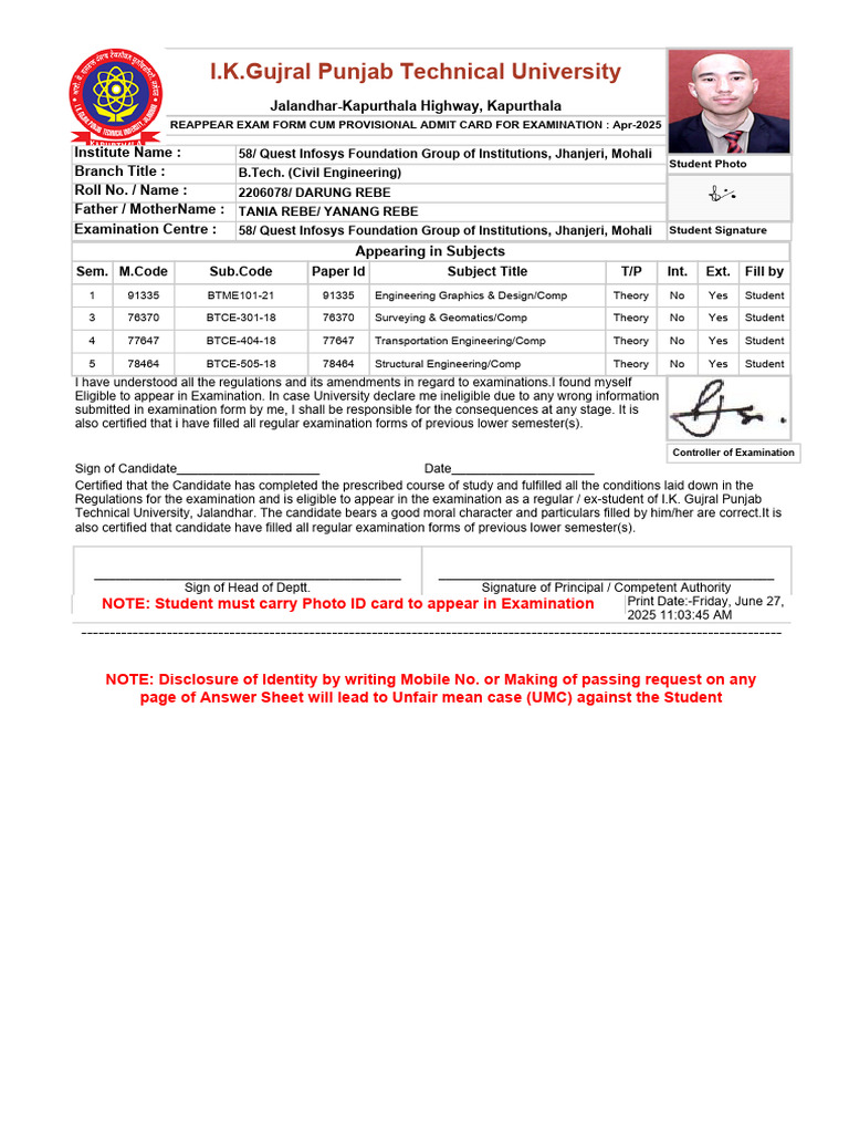Admit Card for April 2025 Exams | PDF | Identity Document | Engineering