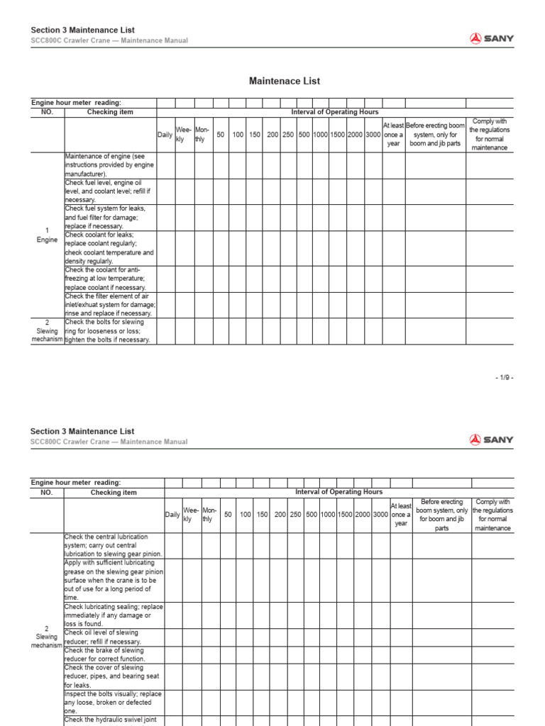 SCC800C Maintenance Manual - Section 3 Maintenace List | PDF | Crane (Machine) | Mechanical ...