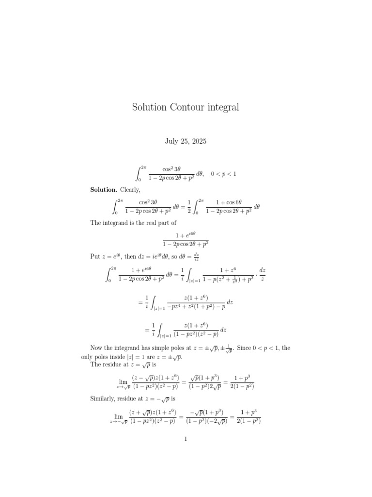 Contour Integral Solution for Cosine Function | PDF | Complex Analysis ...