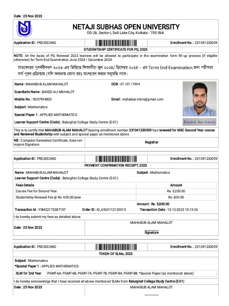 NSOU - PG Renewal - Studentship Certificate | PDF