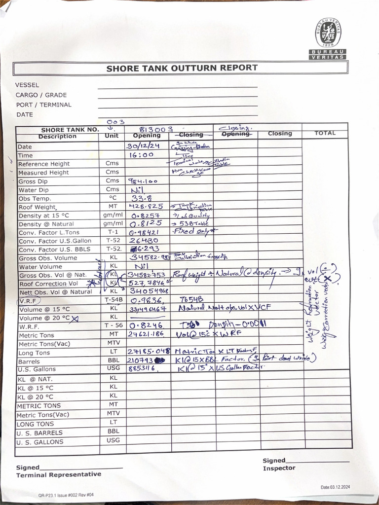 Shore Tank Outturn Report | PDF