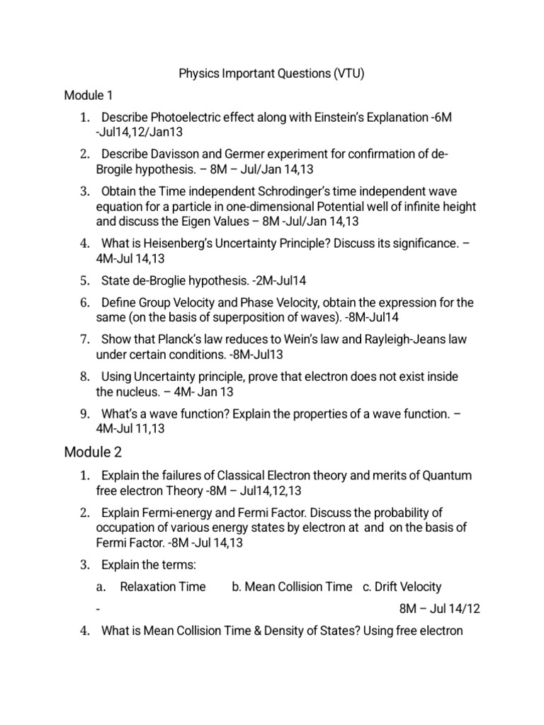 Physics VTU Important Questions Module Wise | PDF | Electron | Wave ...