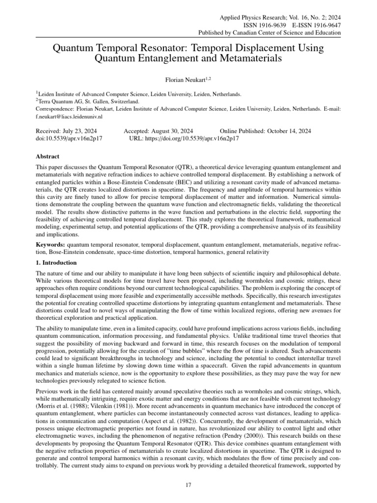 Quantum Temporal Resonator Temporal Displacement Using Quantum ...