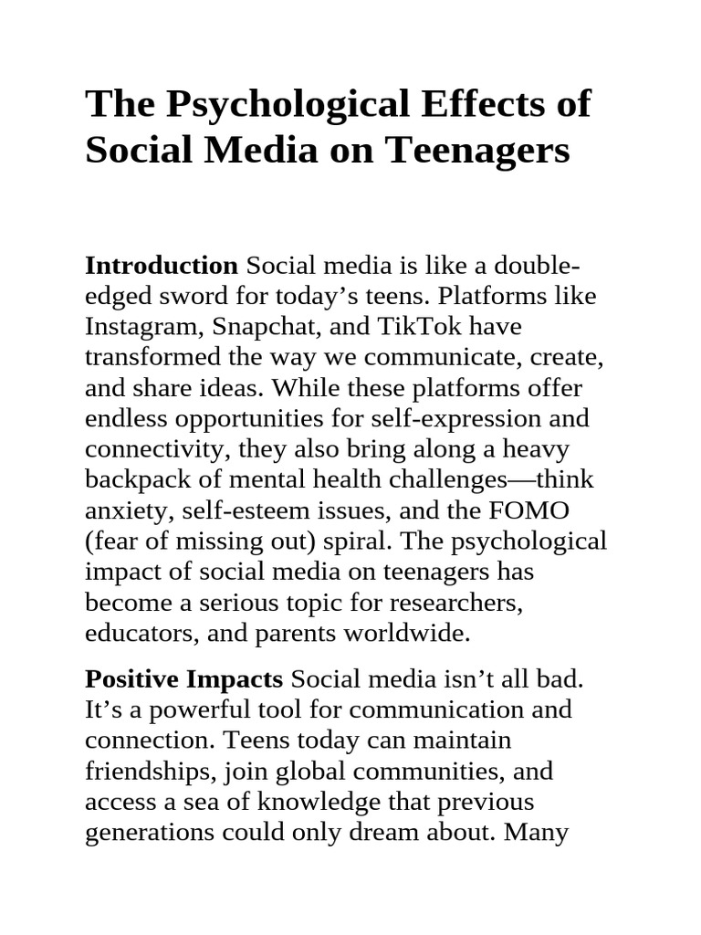 The Psychological Effects of Social Media On Teenagers | PDF | Social ...
