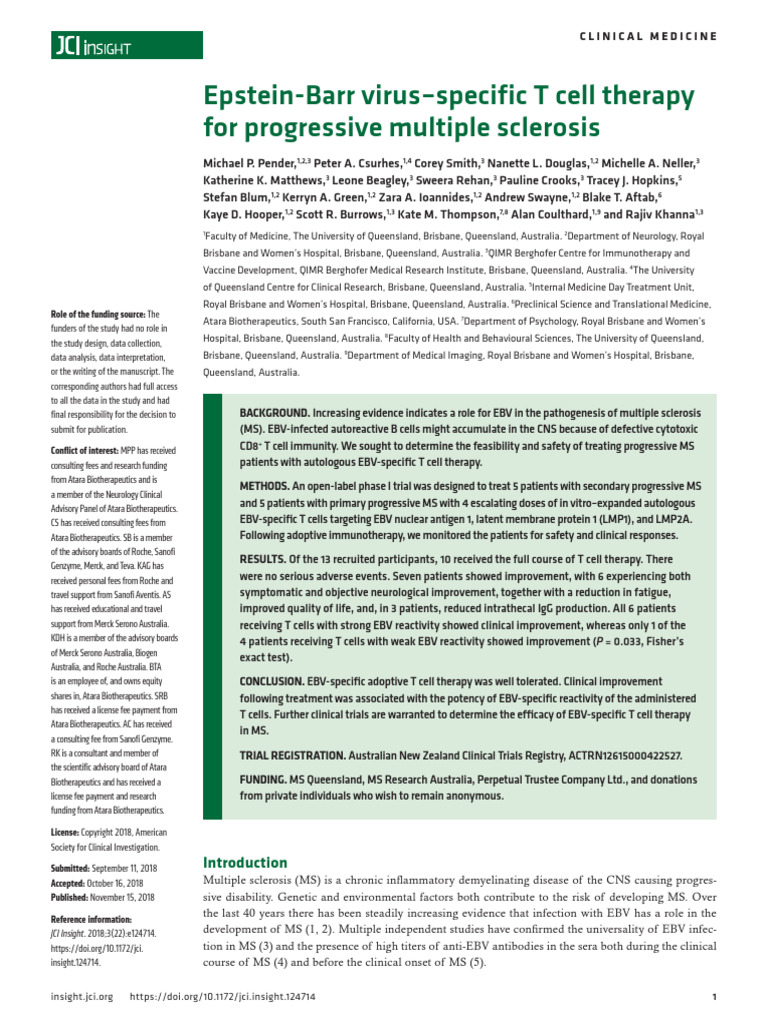 EBV T Cell Therapy in Multiple Sclerosis | PDF | Multiple Sclerosis ...