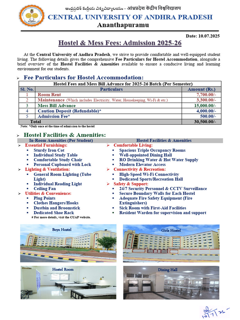 CUAP Hostel Fee & Mess Charges Details - Admissions 2025 | PDF