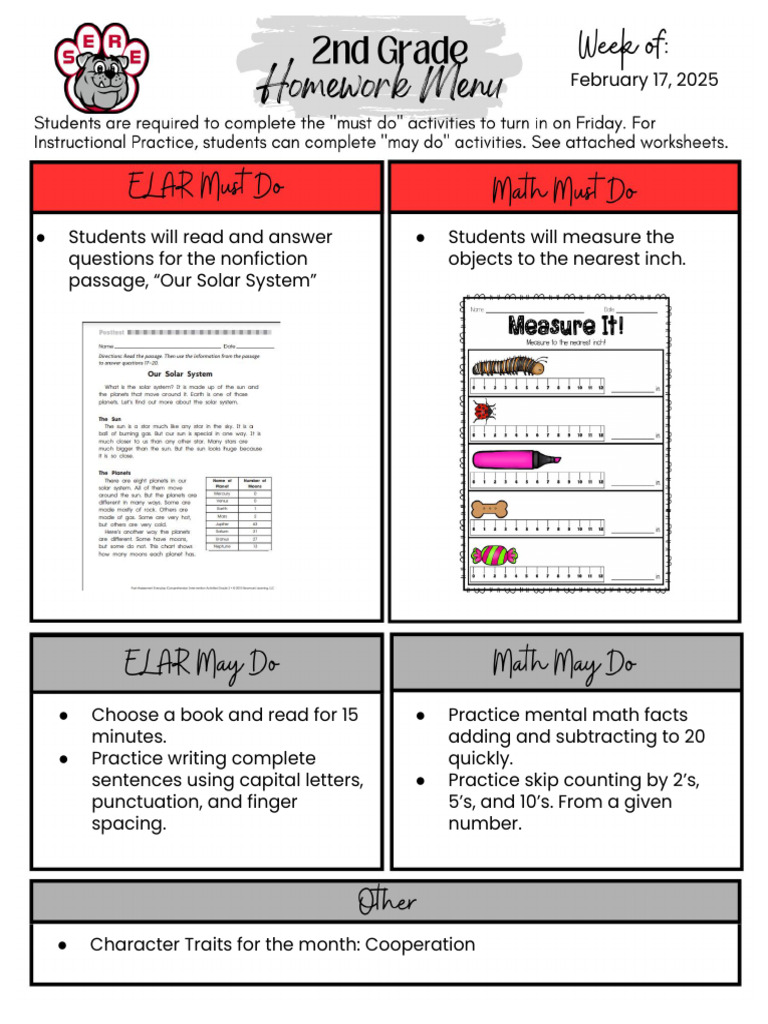 2nd Grade 24-25 Homework Menu Week of Feb 17 | PDF