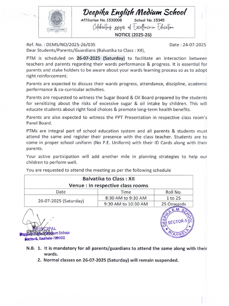 Notice For Balvatika To Class 12-2 | PDF