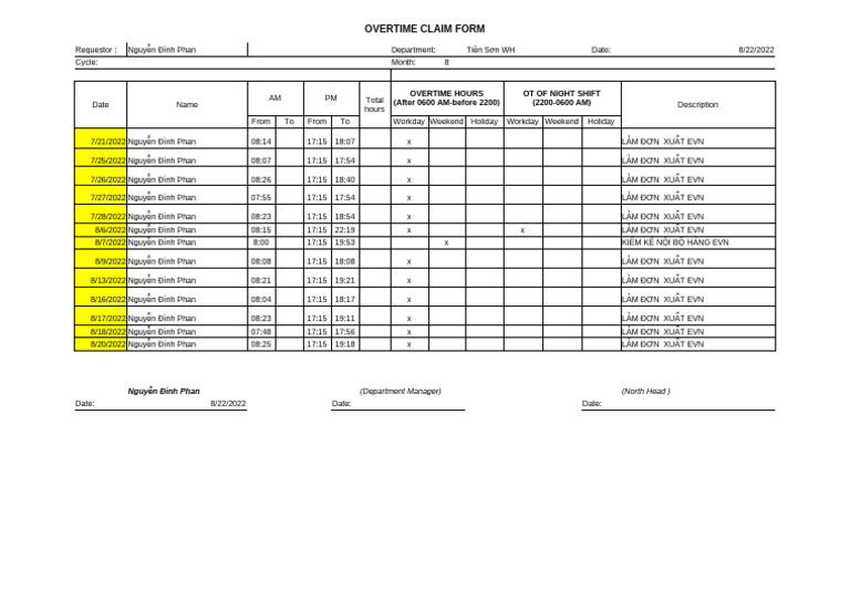 Overtime Claim Form: Overtime Hours (After 0600 AM-before 2200) Ot of Night Shift (2200-0600 AM ...